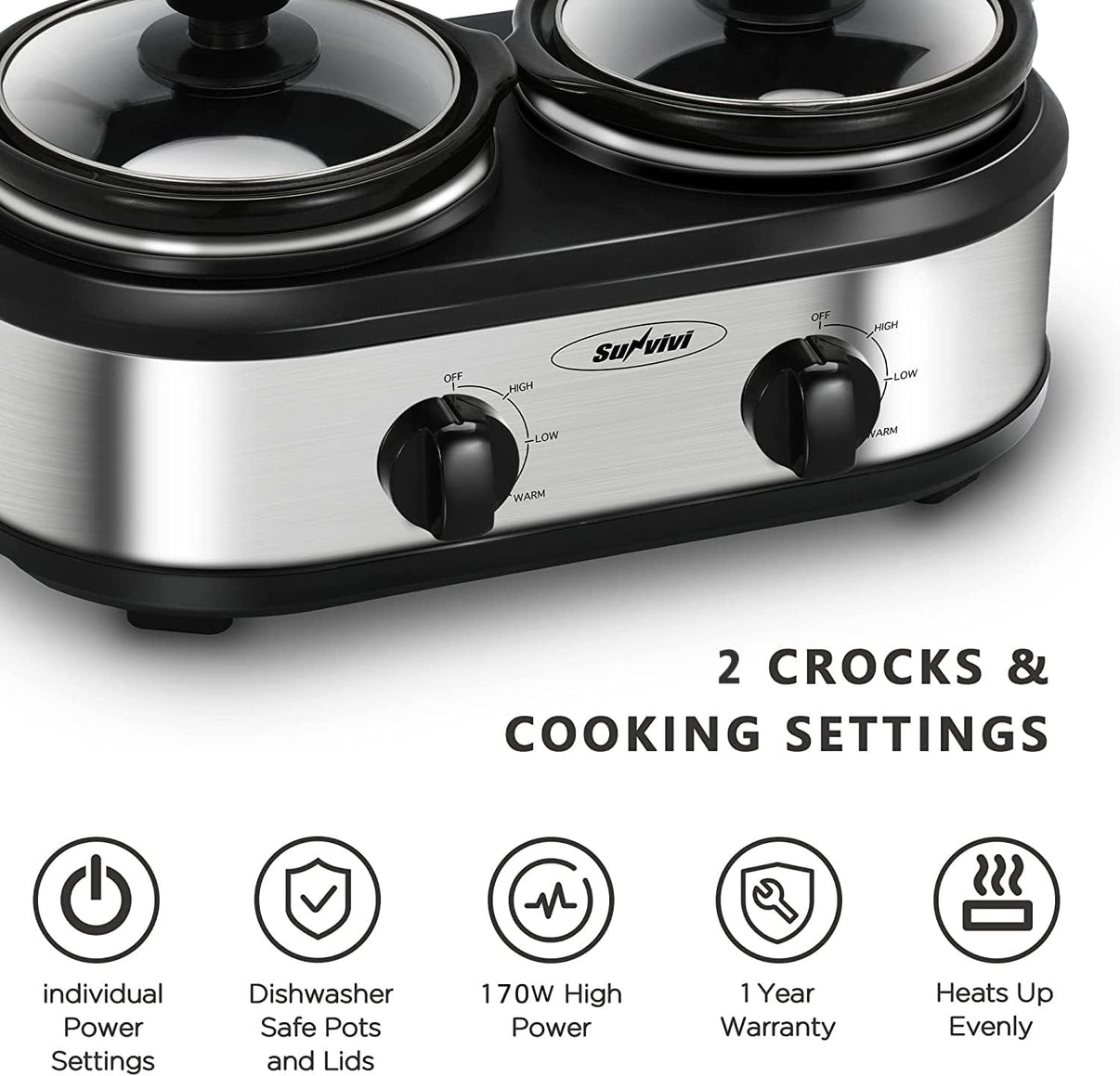 Sunvivi Dual Pot Slow Cooker, 2 Pot Small Mini Crock Buffet Server an