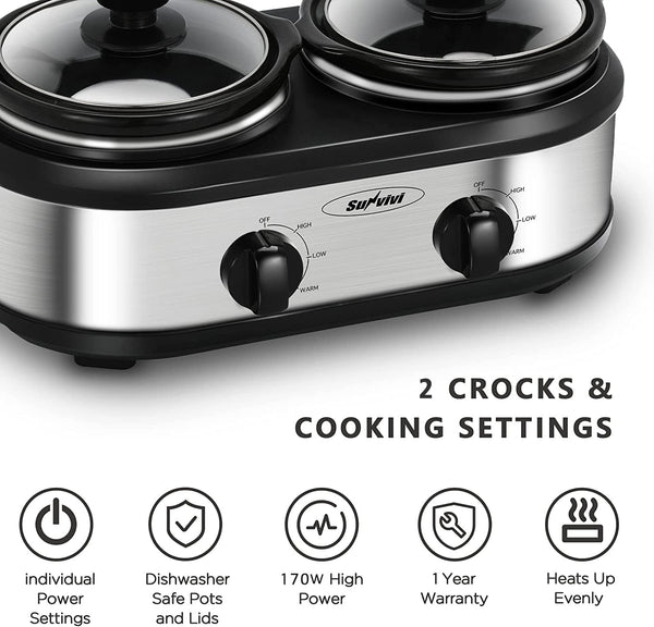 Sunvivi Dual Pot Slow Cooker, 2 Pot Small Mini Crock Buffet Server an