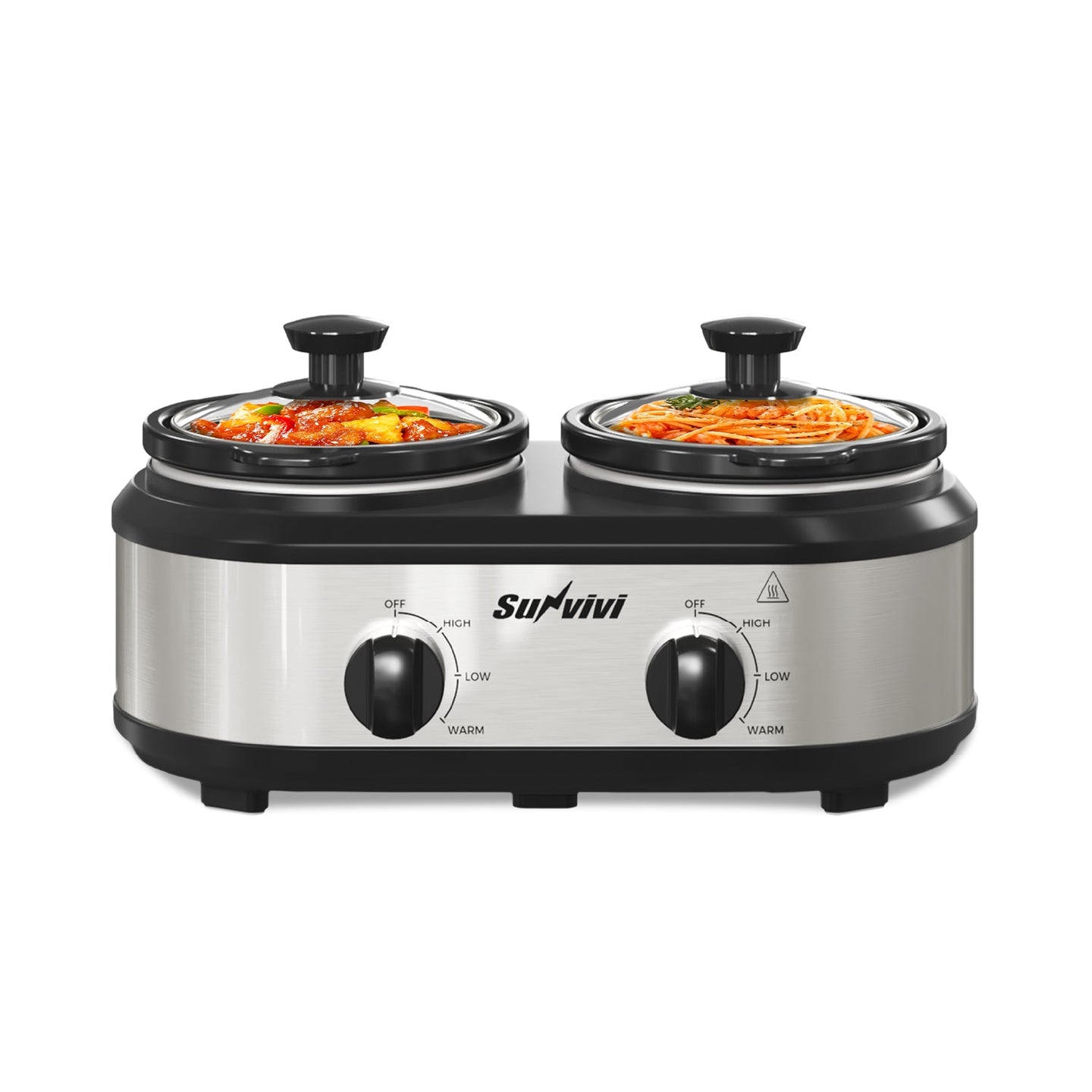 Sunvivi Dual Pot Slow Cooker, 2 Pot Small Mini Crock Buffet Server an