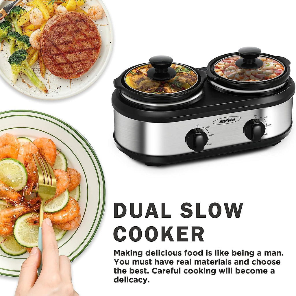 Sunvivi Dual Pot Slow Cooker, 2 Pot Small Mini Crock Buffet Server an