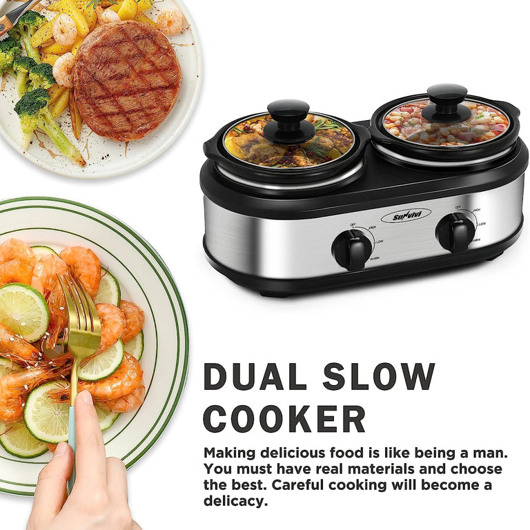 Sunvivi Dual Pot Slow Cooker, 2 Pot Small Mini Crock Buffet Server an
